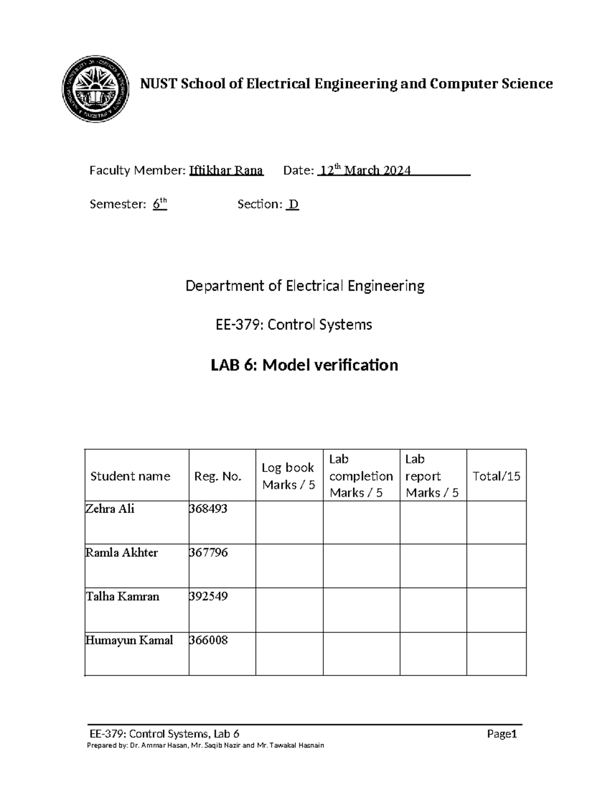 Lab6lcs - EE-379: Control Systems, Lab 6 Page 1 NUST School of ...