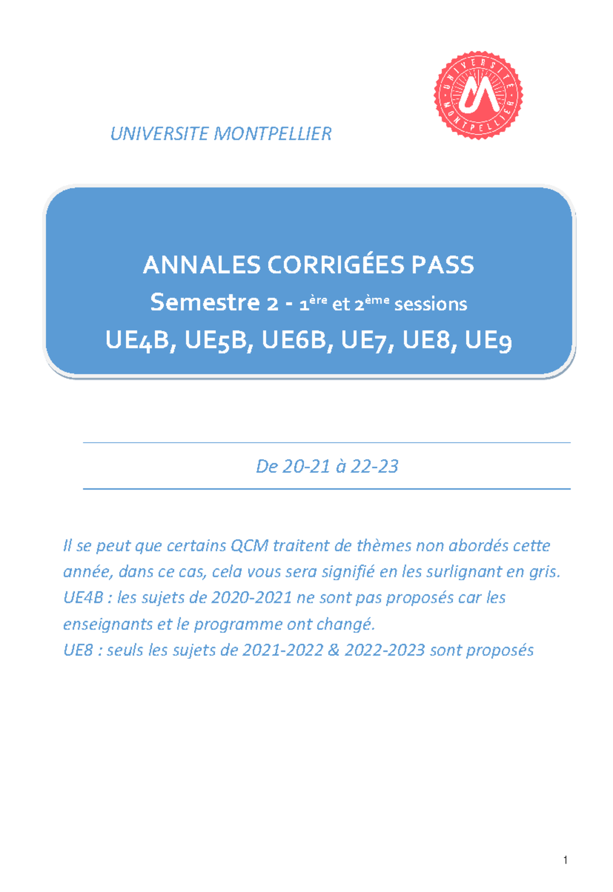 Annales S2 PASS 23-24 - UNIVERSITE MONTPELLIER ANNALES CORRIGÉES PASS ...