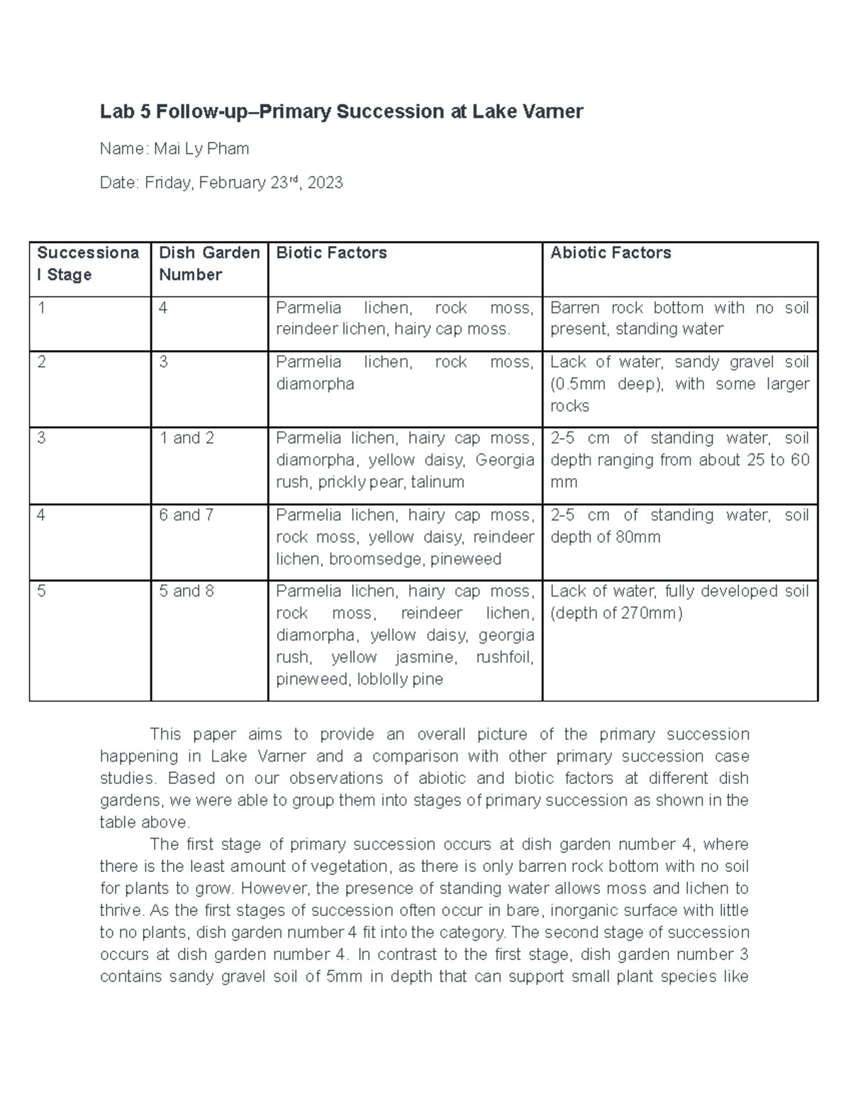 Lab 5 - Primary Succession Paper - Lab 5 Follow-up–Primary Succession ...