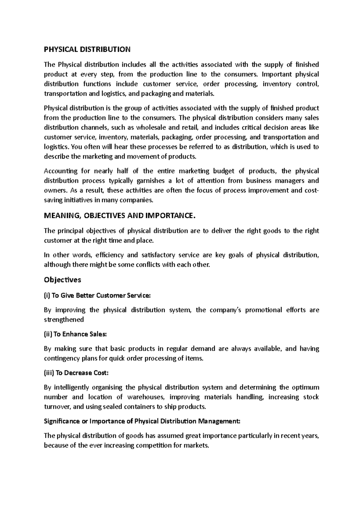Physical Distribution - Important physical distribution functions ...