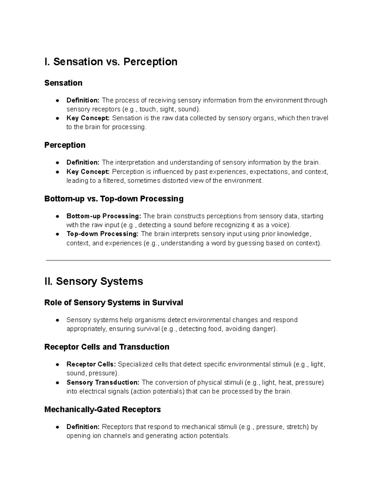 Sensorimotor system study guide - I. Sensation vs. Perception Sensation ...