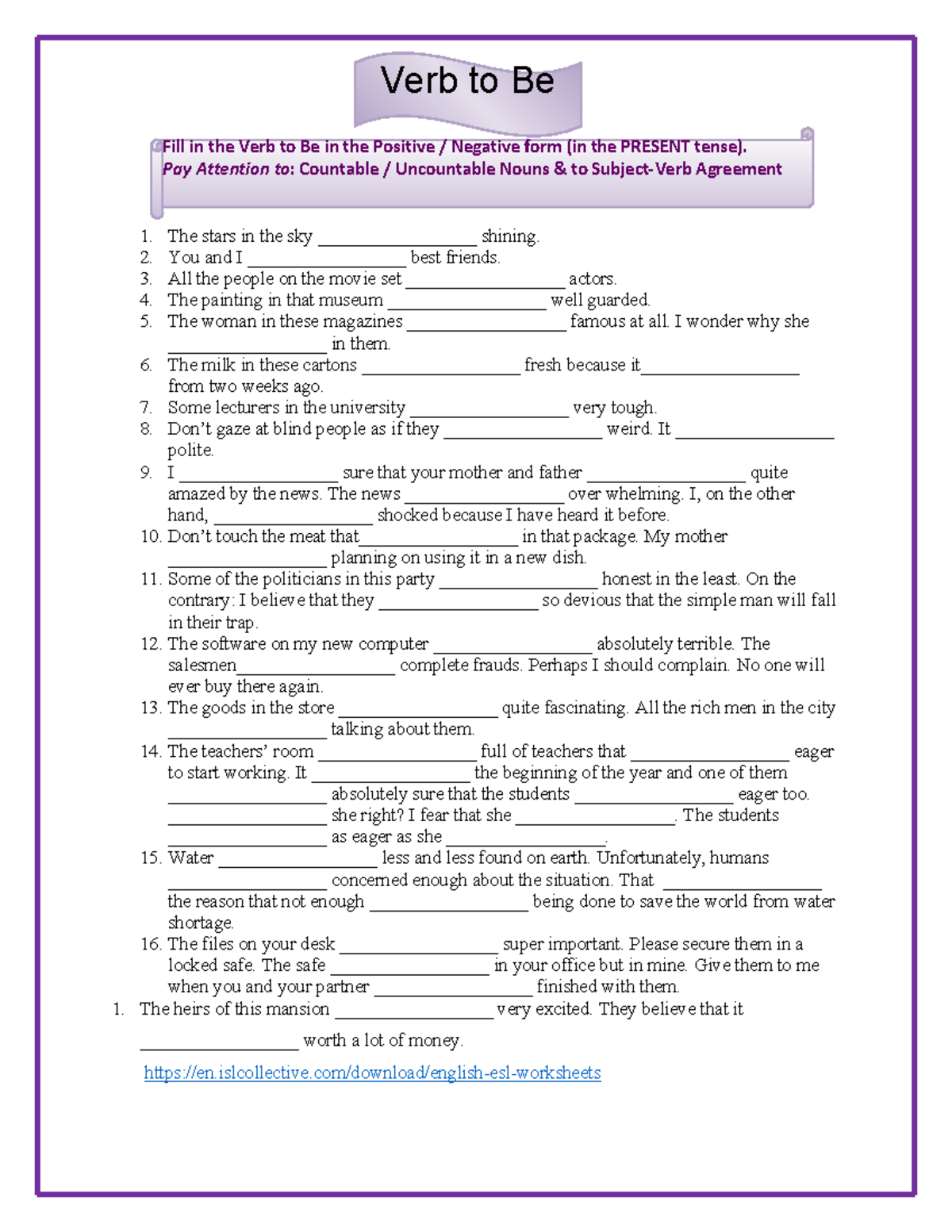 Verb to be - Present Tense - Practice - The stars in the sky ...