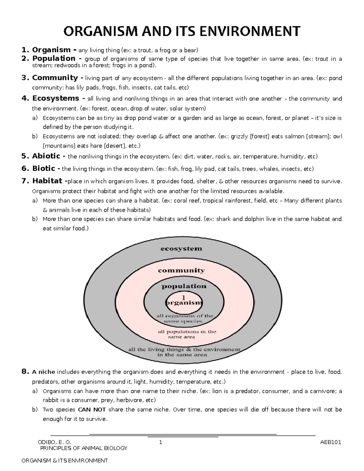 AEB101 - ANIMAL AND ENVIRONMENTAL BIOLOGY - ORGANISM AND ITS ...