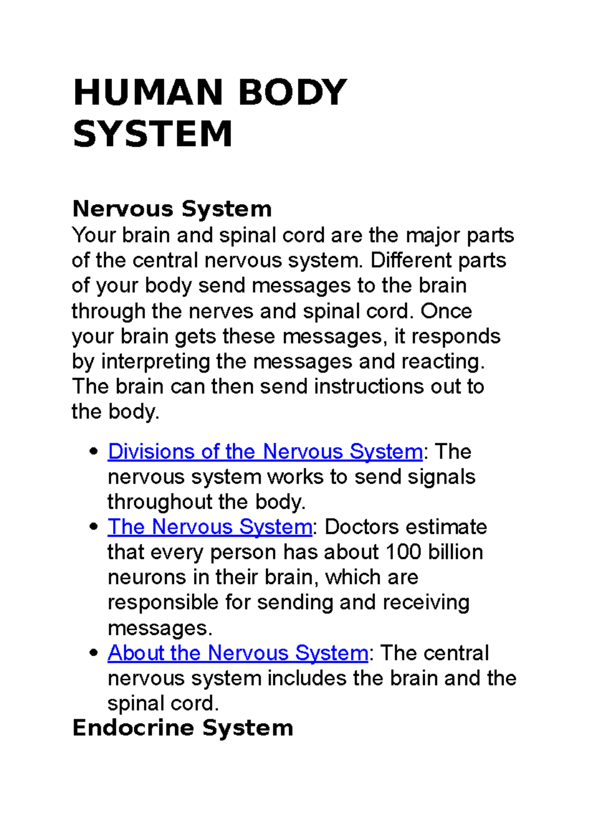 Human BODY System - HUMAN BODY SYSTEM Nervous System Your brain and ...