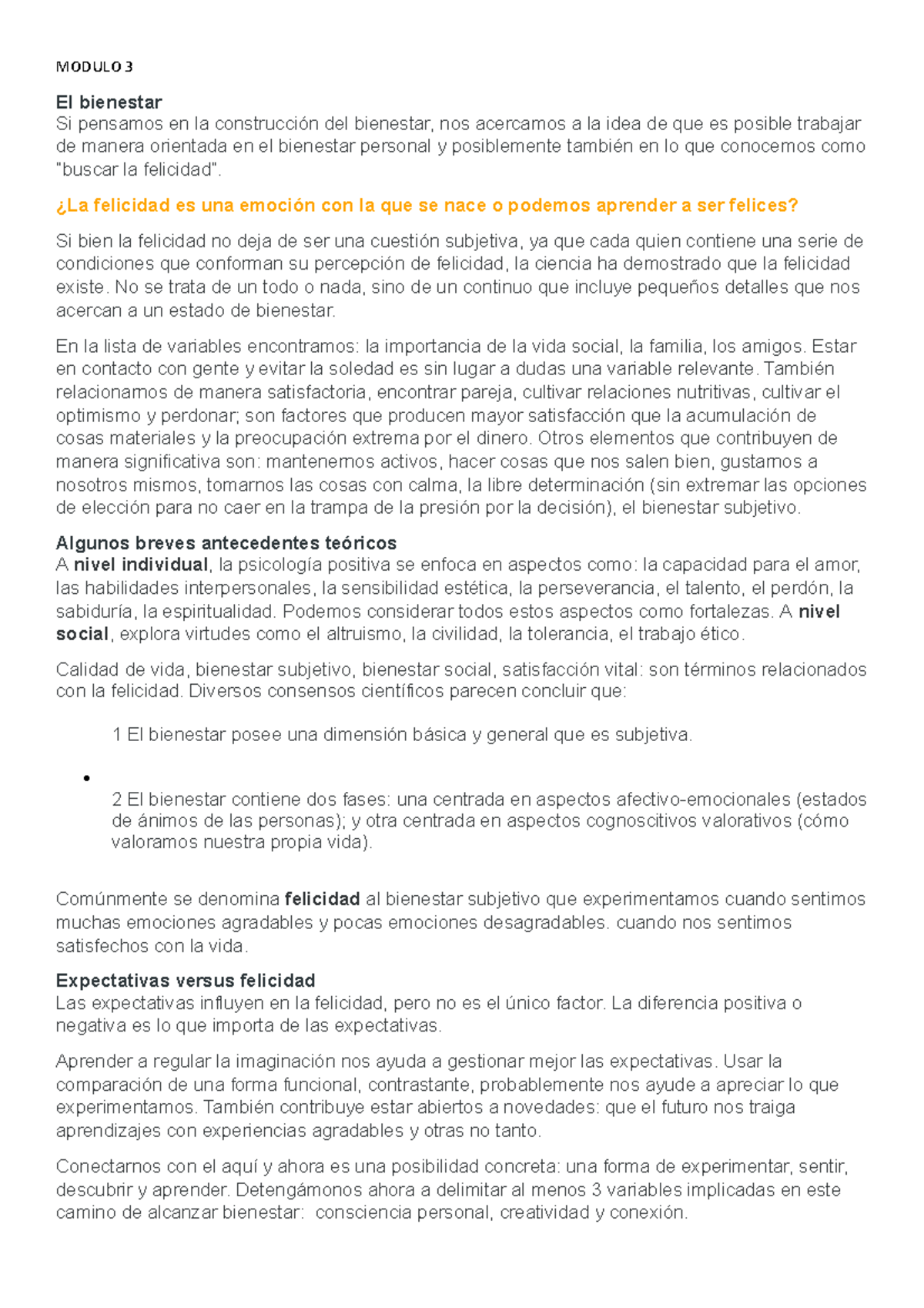 Resumen Modulo 3 - MODULO 3 El bienestar Si pensamos en la construcción del bienestar, nos ...