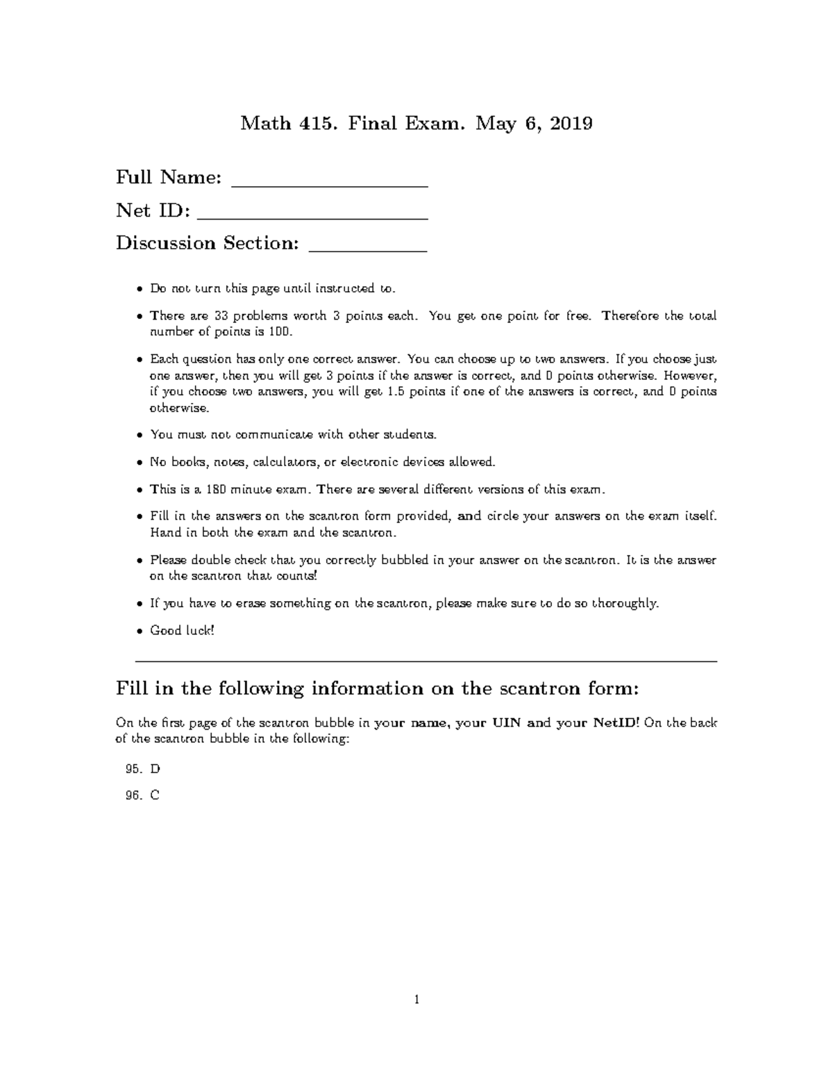 Math310 Spring 2019 Final full solutions - Math 415. Final Exam. May 6, 2019 Full Name: Net ID ...