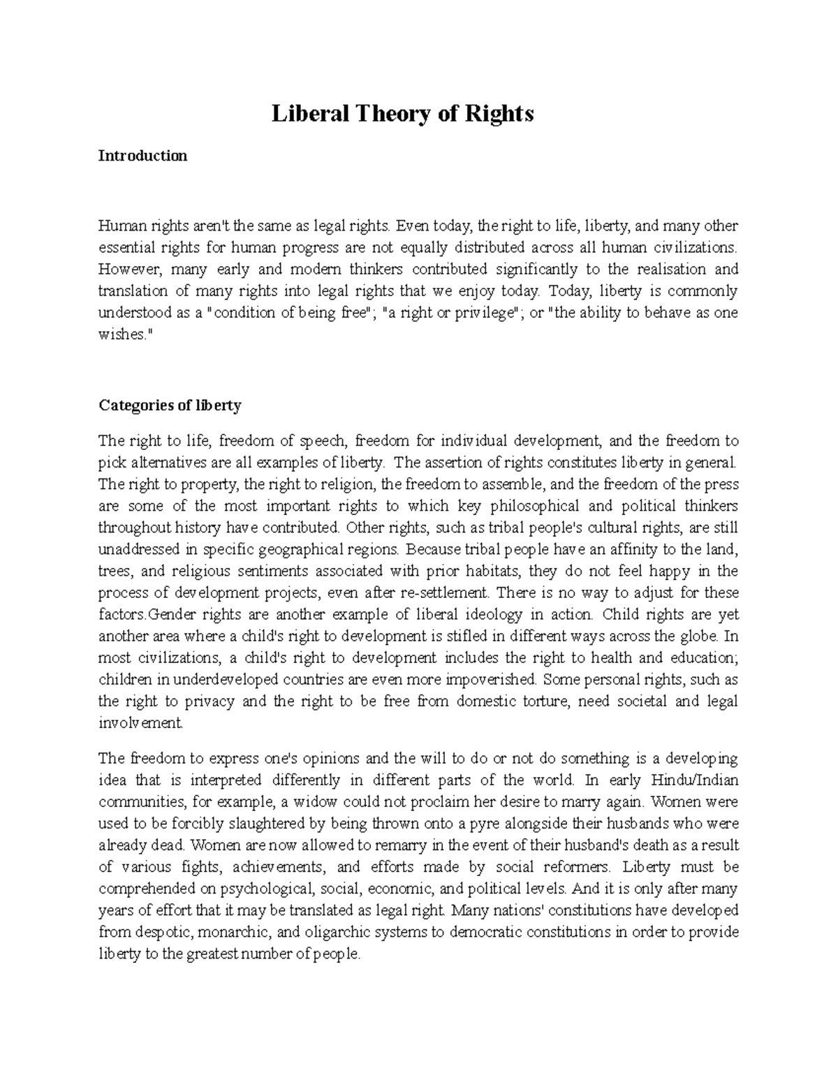 Liberal Theory of Rights - Liberal Theory of Rights Introduction Human ...