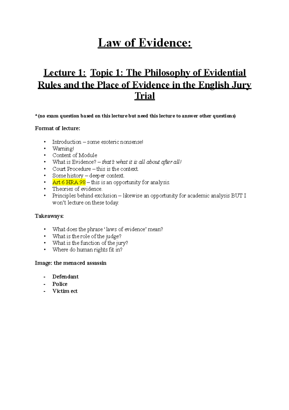Law of Evidence lectures - Law of Evidence: Lecture 1: Topic 1: The ...