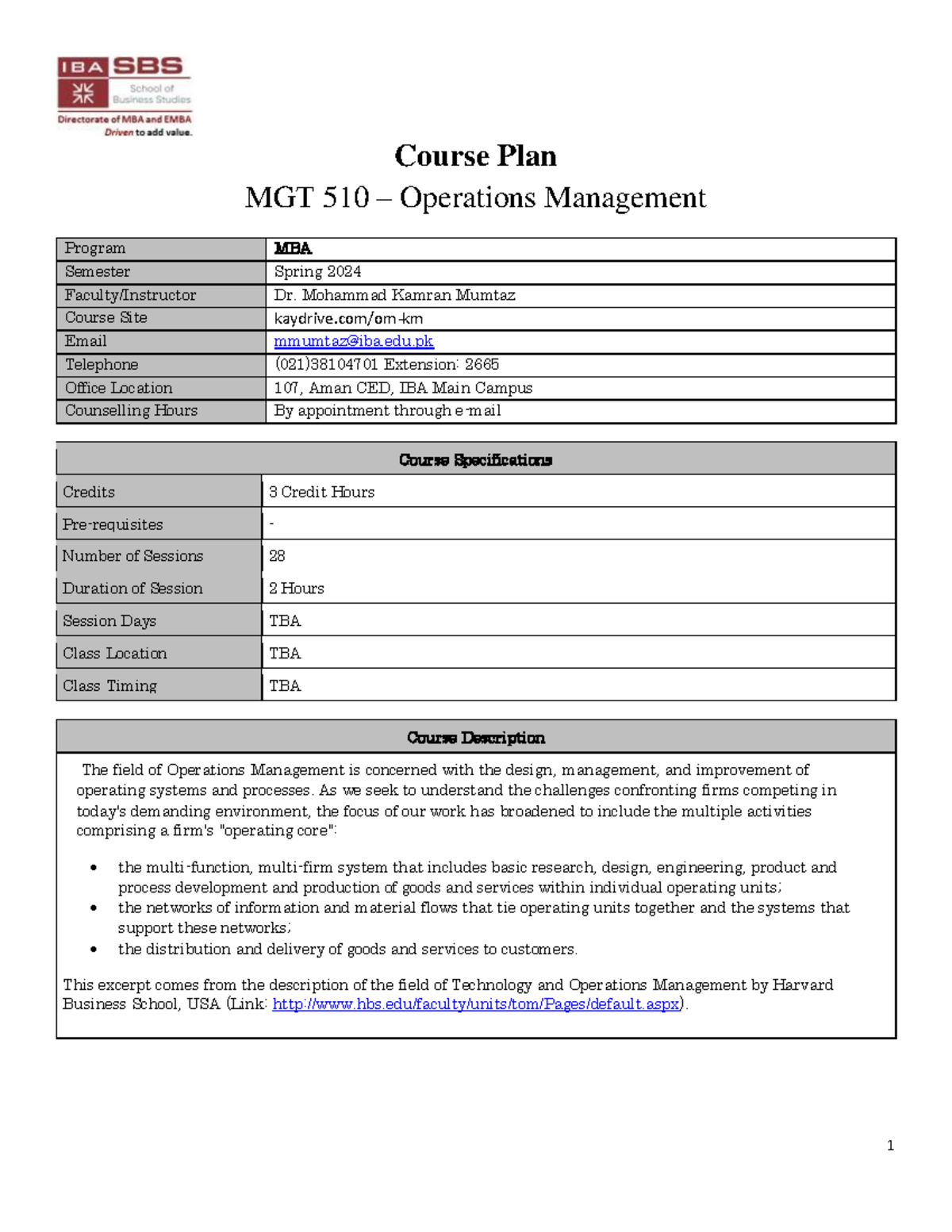 MBA-OPM-Course Outline-2024 - Course Plan MGT 5 10 – Operations ...