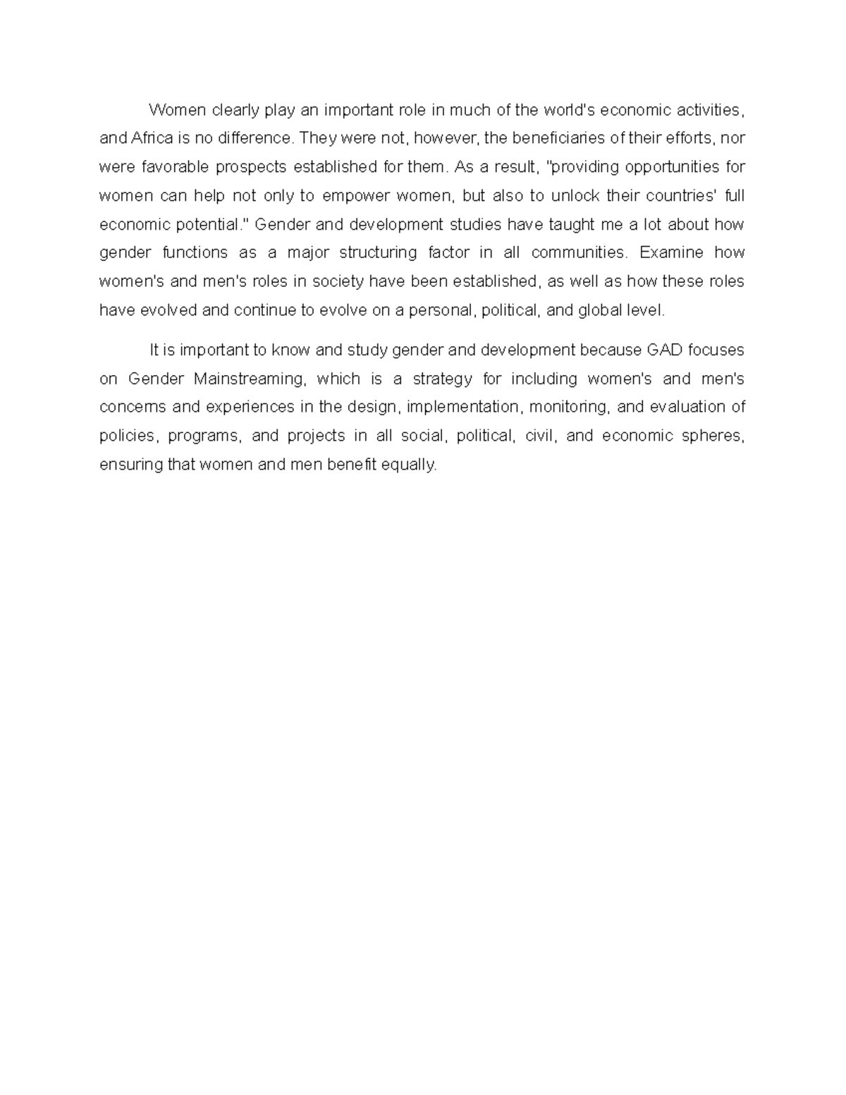 Alday Reflection about Gender and Development - Women clearly play an ...