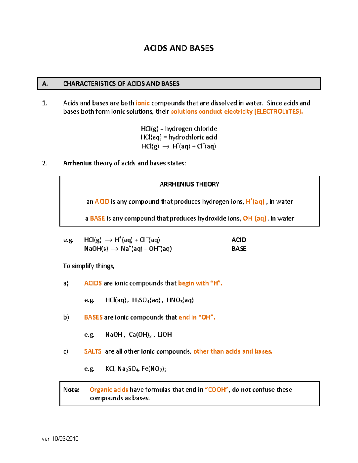 Acids and bases full notes - ver. 10/26/ ACIDS AND BASES A ...