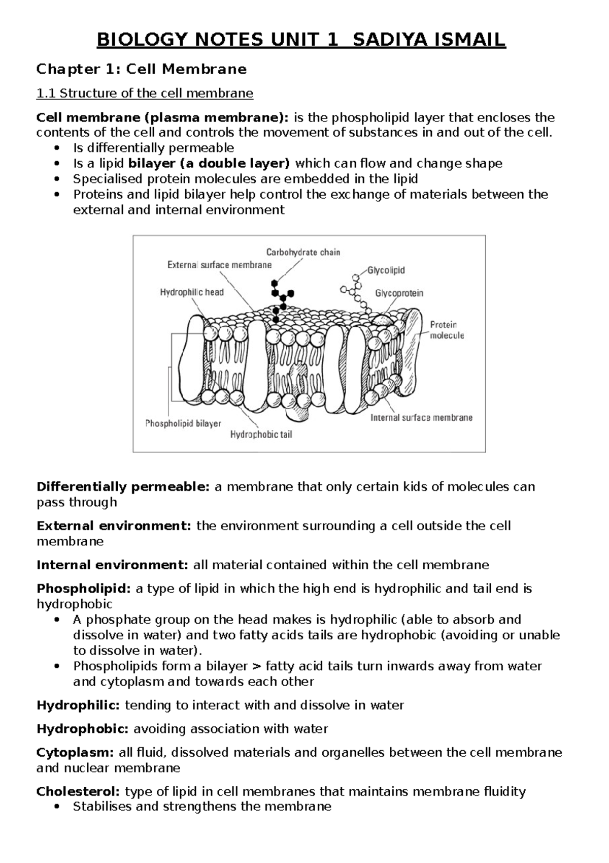 Biology Notes UNIT 1 - BIOLOGY NOTES UNIT 1 SADIYA ISMAIL Chapter 1 ...