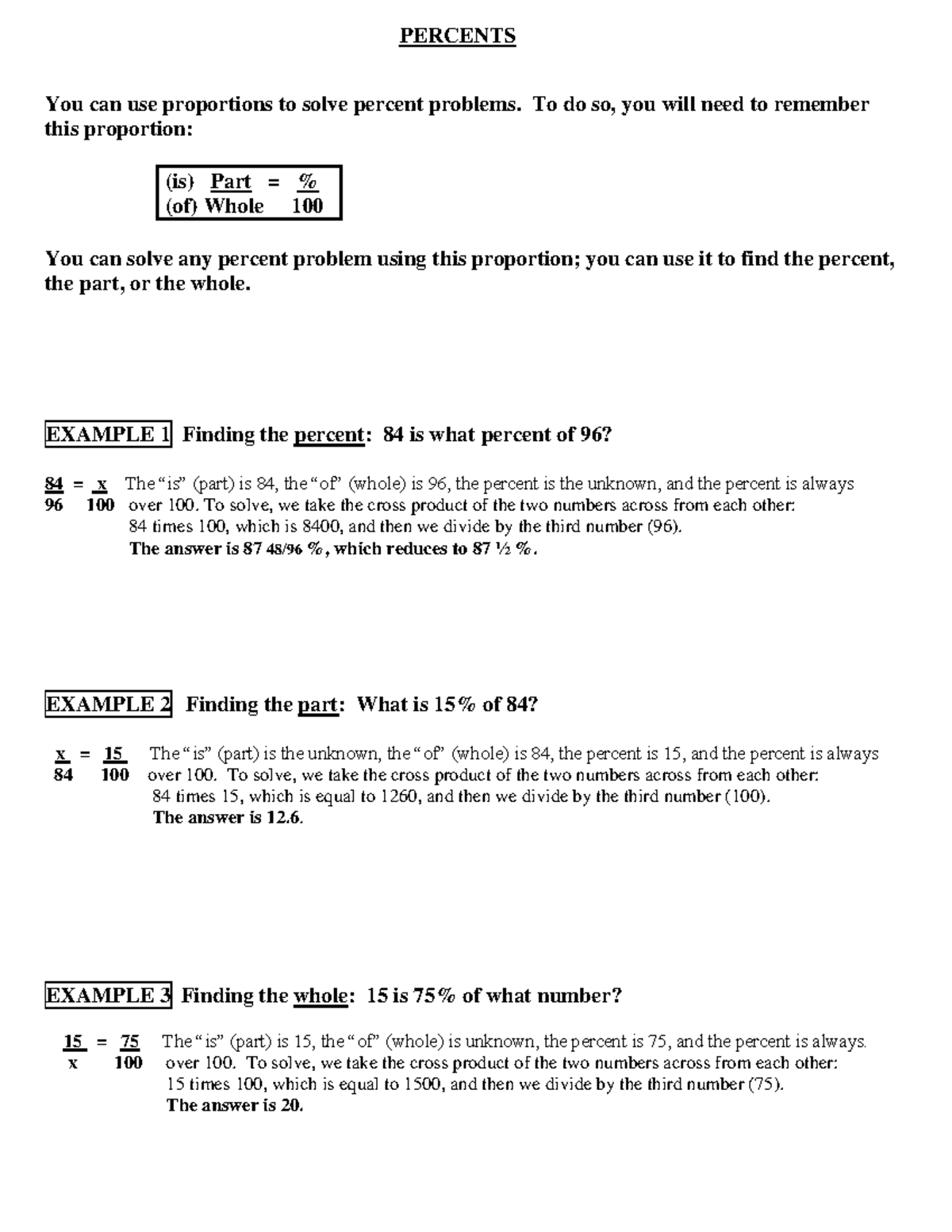Percent (is over of) practice - PERCENTS You can use proportions to ...