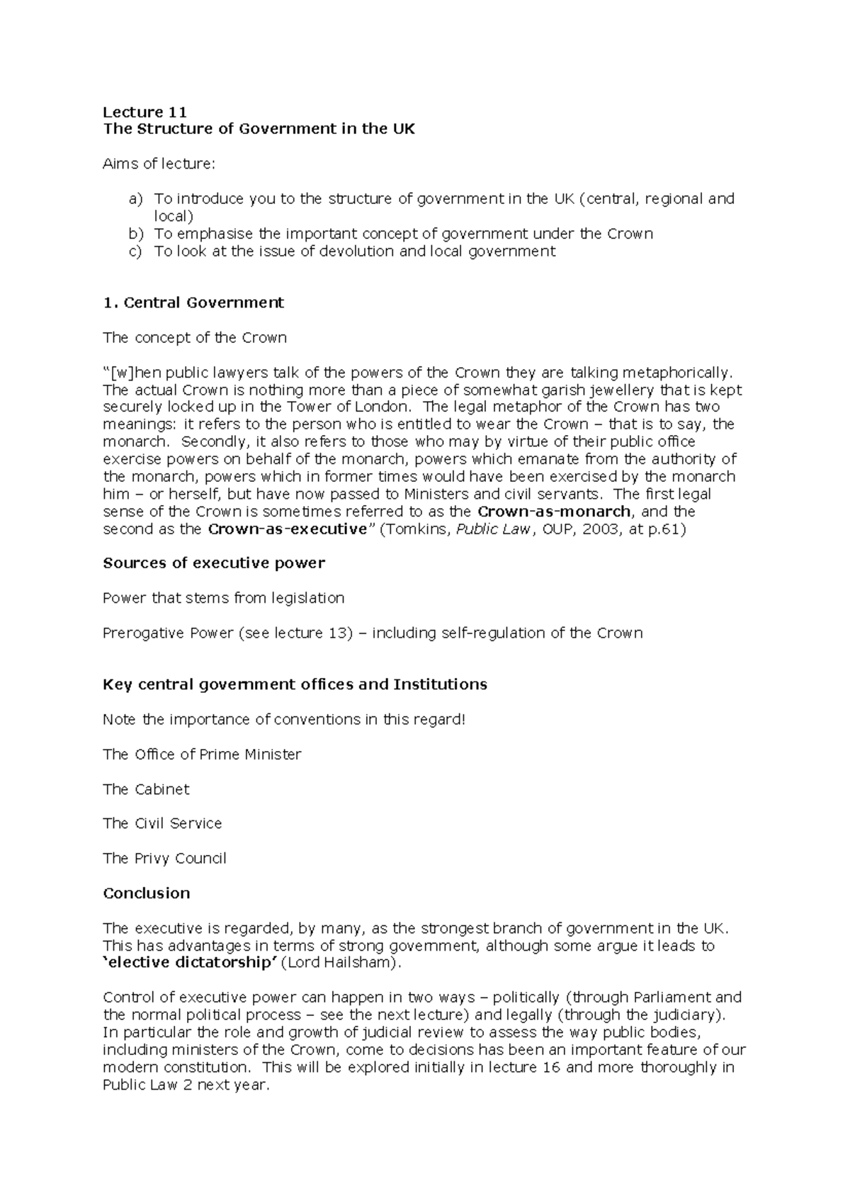 The Structure of Government in the UK - Central Government The concept ...
