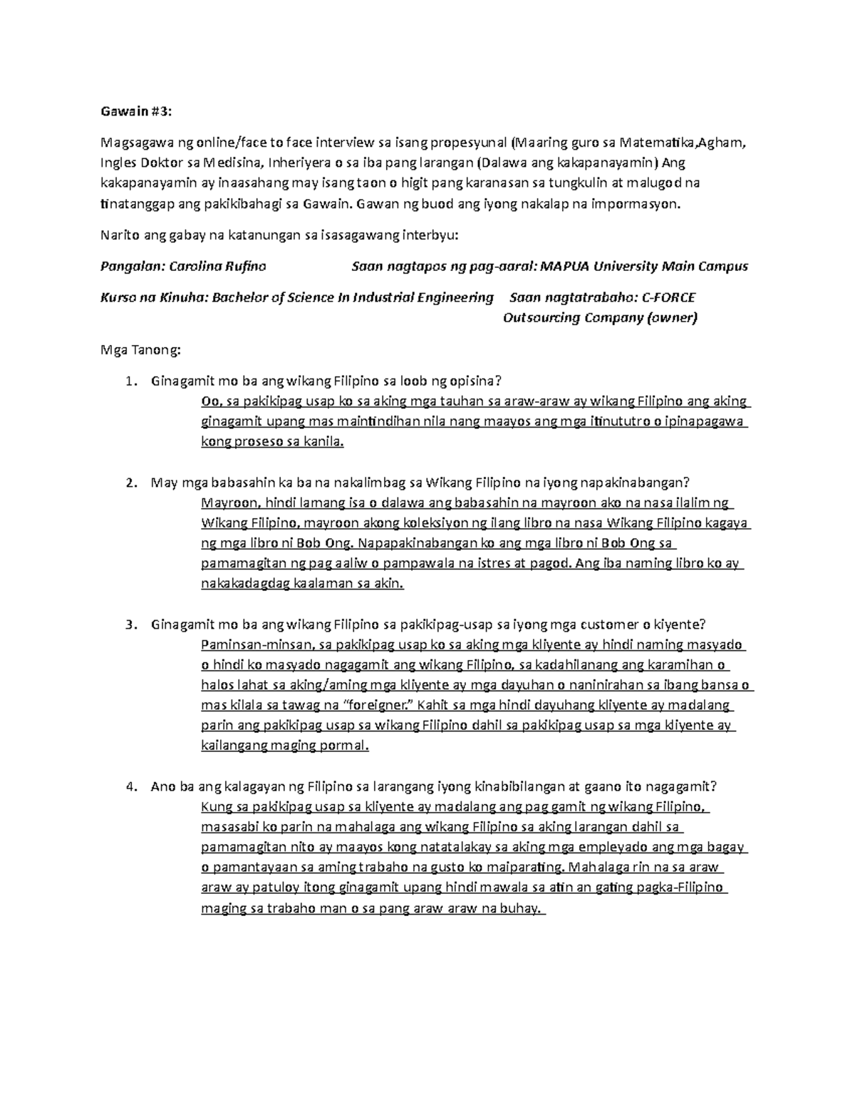 Interbyu Wikang Filipino - Gawain #3: Magsagawa ng online/face to face ...