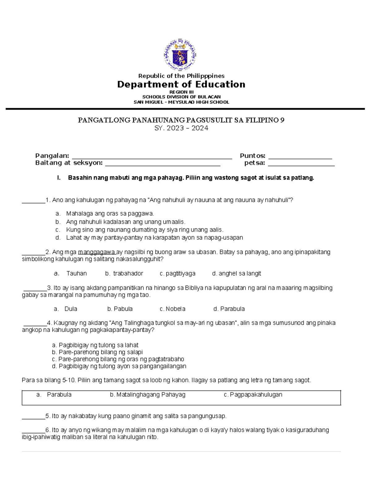 Grade-9-Exam - Grade 9 exam - Republic of the Philipppines Department ...