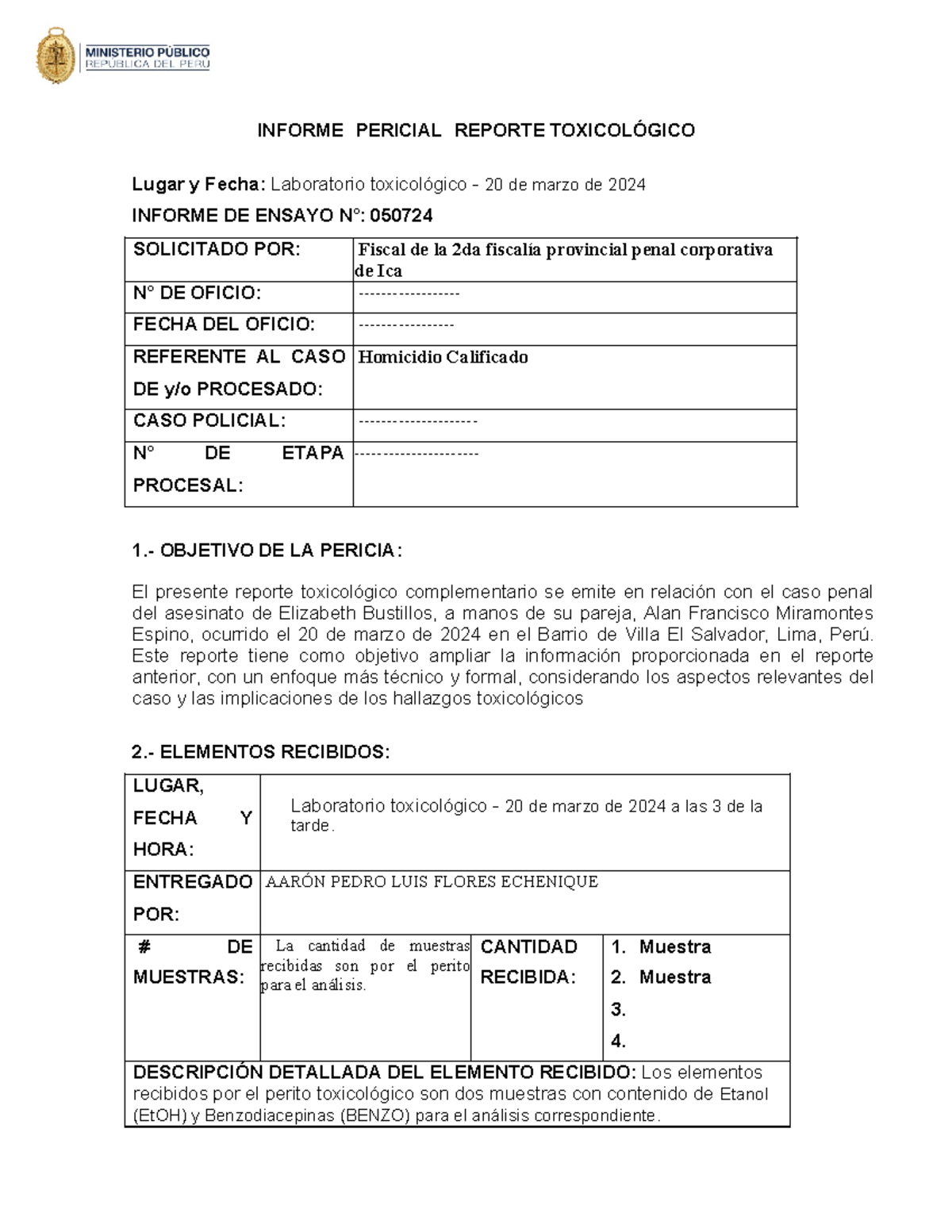Reporte Toxicológico - Penal y protocolo - INFORME PERICIAL REPORTE ...
