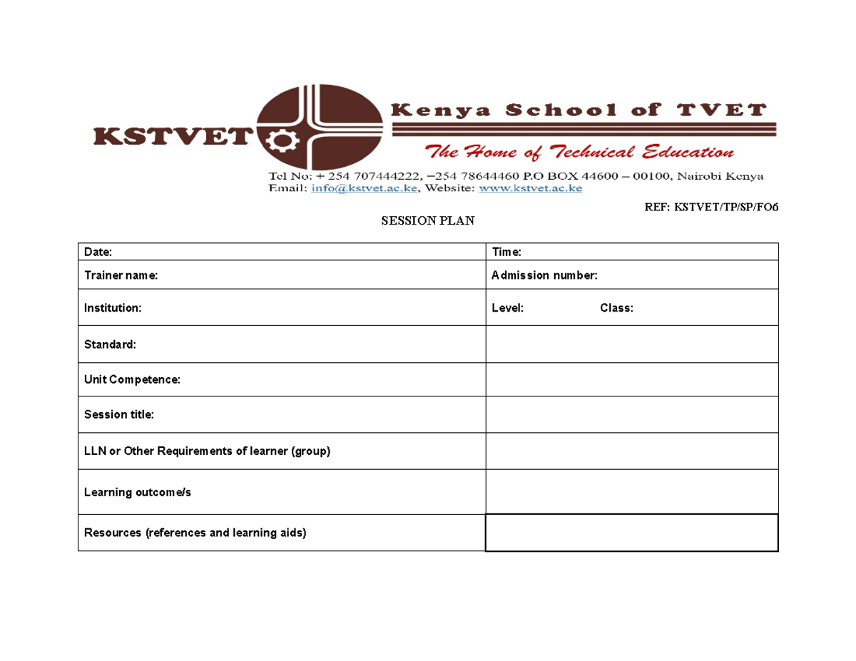 Session PLAN Templet - cbet training - REF: KSTVET/TP/SP/FO SESSION ...