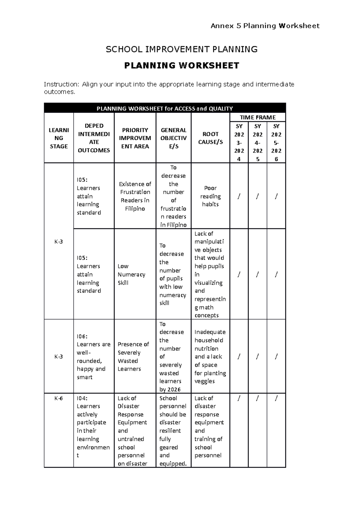 SIP Annex 5 Planning Worksheet Mialem ES Annex 5 Planning Worksheet