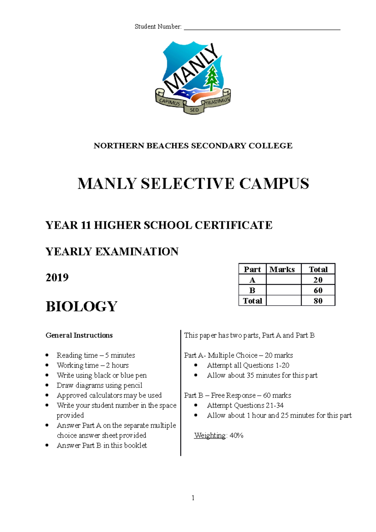 MSC 2019 Biology exam 1 - NORTHERN BEACHES SECONDARY COLLEGE MANLY ...