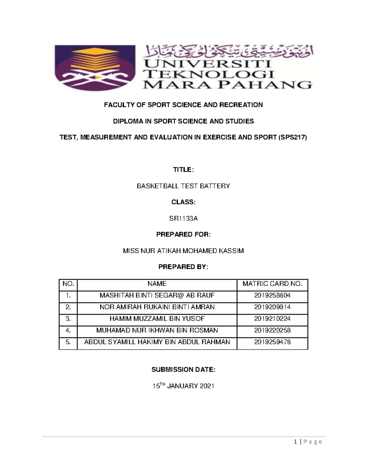 Basketball TEST Battery ( Mashitah) - FACULTY OF SPORT SCIENCE AND ...