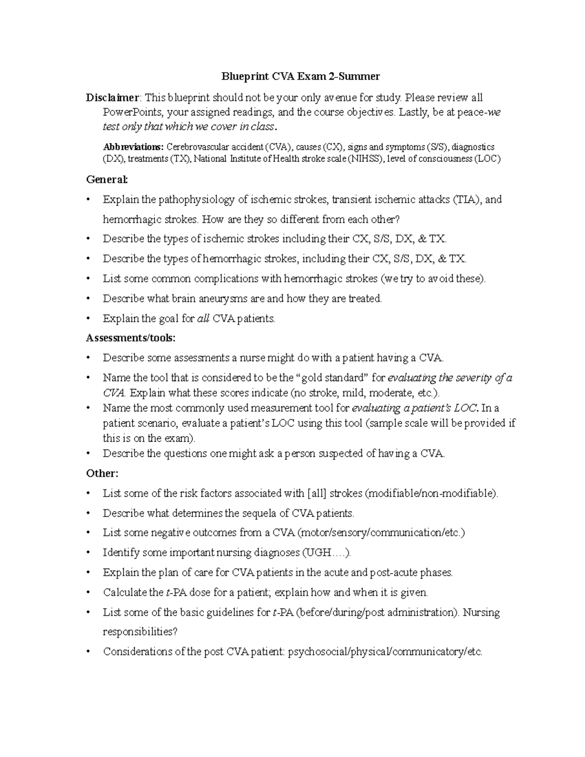 Unit 2 CVA Blueprint Questions - Blueprint CVA Exam 2-Summer Disclaimer ...