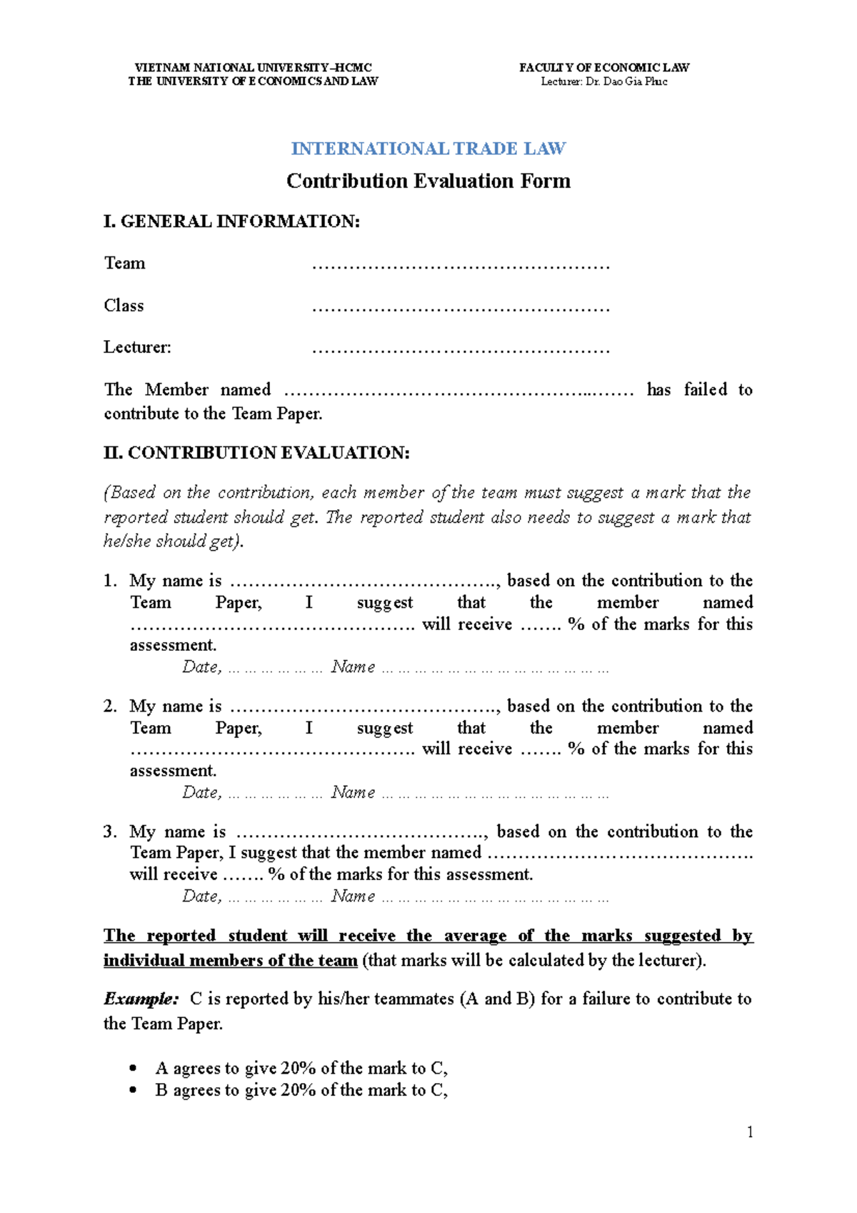 Contribution Evaluation Form - VIETNAM NATIONAL UNIVERSITY–HCMC THE ...