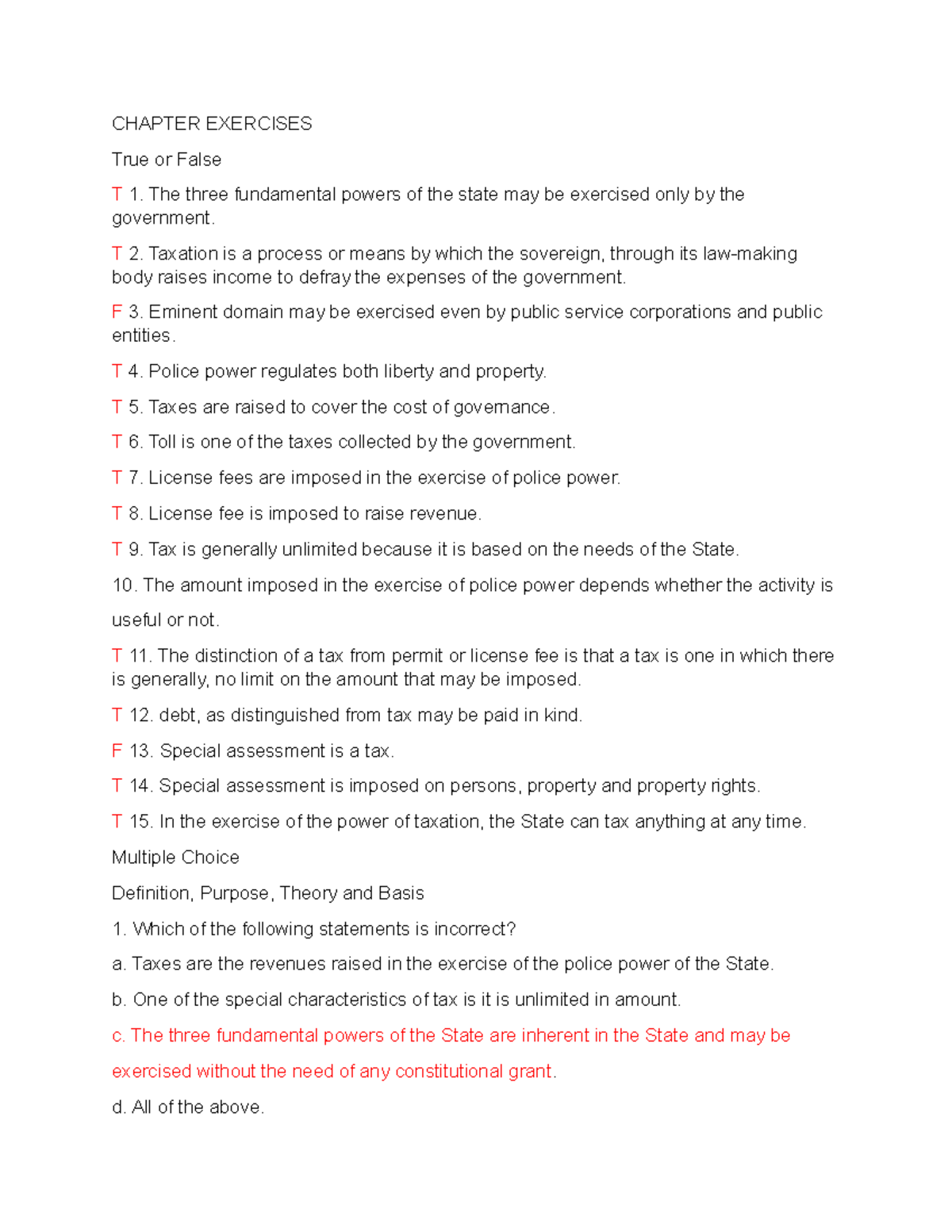 Chapter- Exercises - FM Assessment - CHAPTER EXERCISES True or False T ...