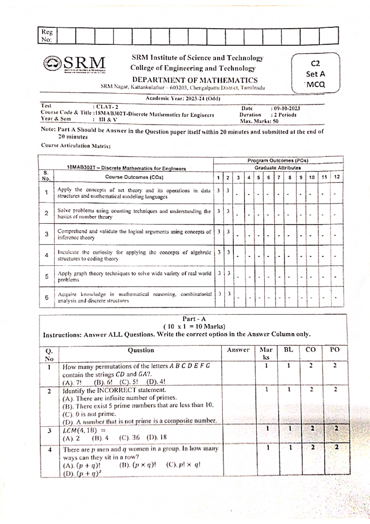 CT2-DM - Maths paper - Reg No: SRM SRM Institute of Science and ...