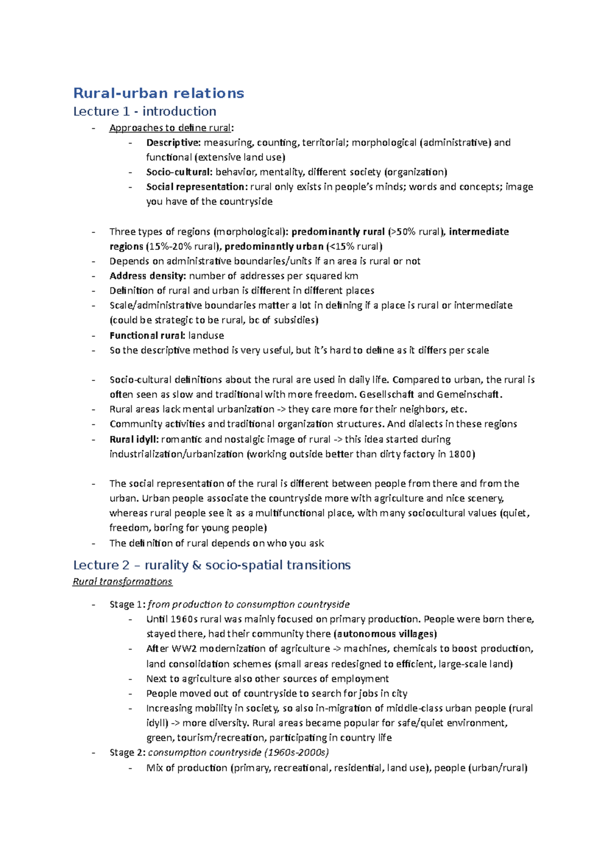 Notes lectures R-U - Rural-urban relations Lecture 1 - introduction ...