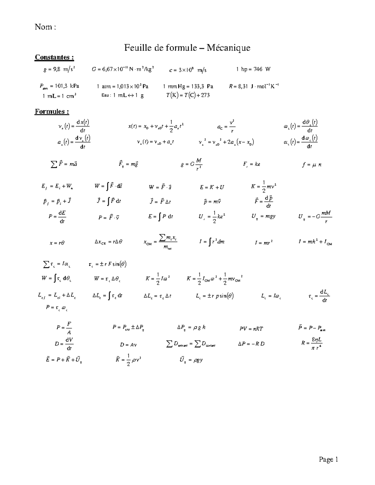 NYA-Formules - Formules pour résoudre des problèmes de mécanique - Nom : Feuille de formule ...