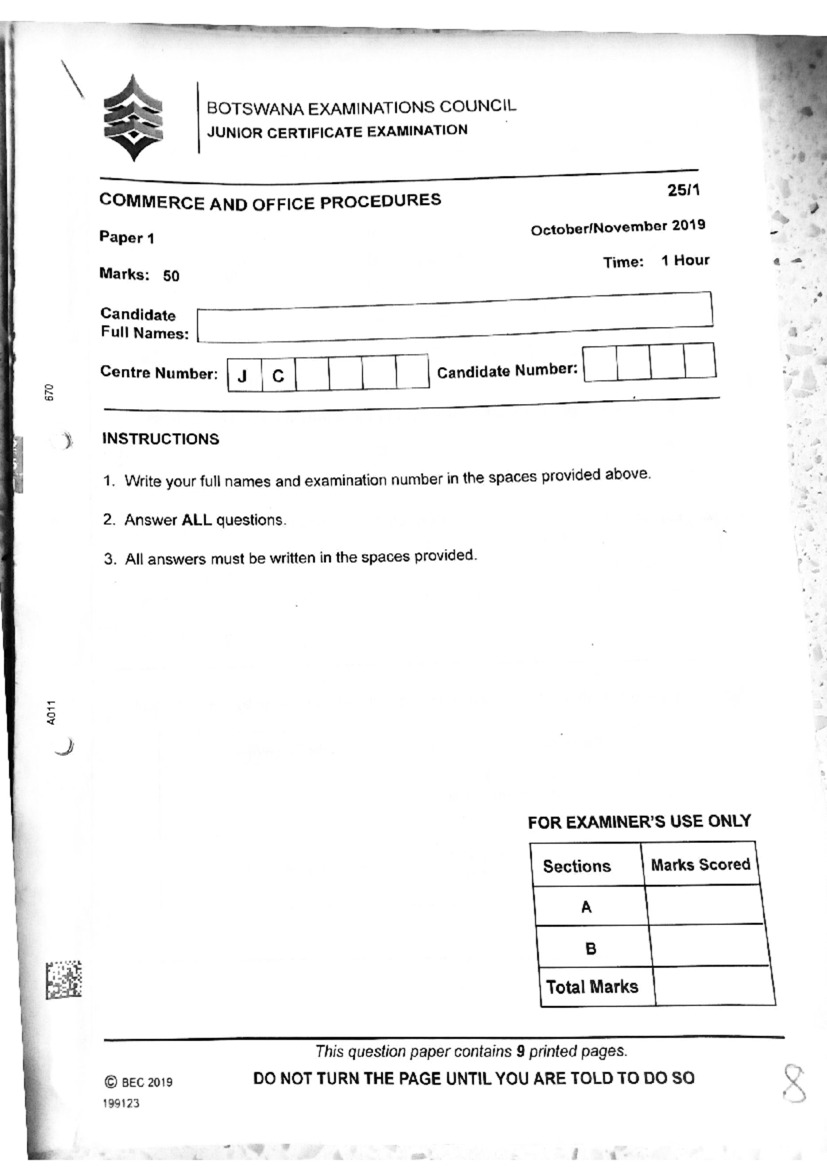 Commerce And Office Procedures Pp1 2019-2023 - BOTSWANA EXAMINATIONS COUNCIL JUNIOR CERTIFICATE ...