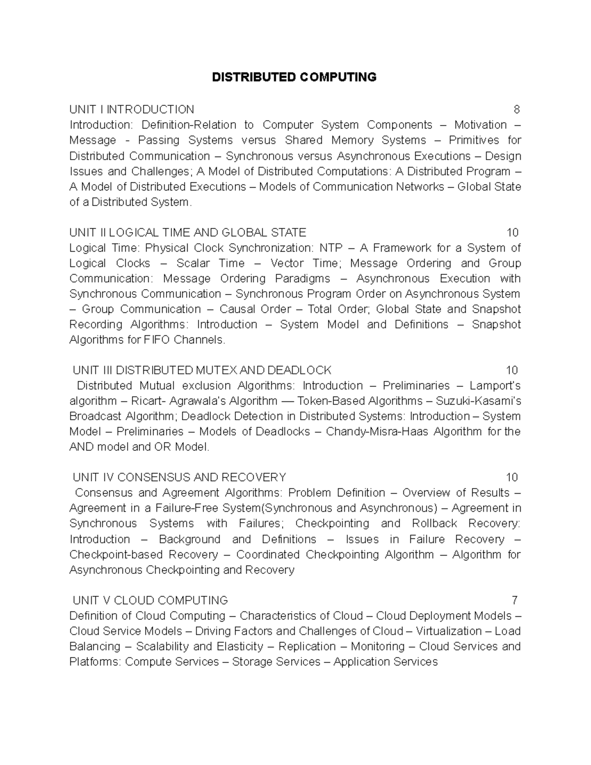 Syllabus Distributed Computing Unit I Introduction 8 Introduction Definition Relation To
