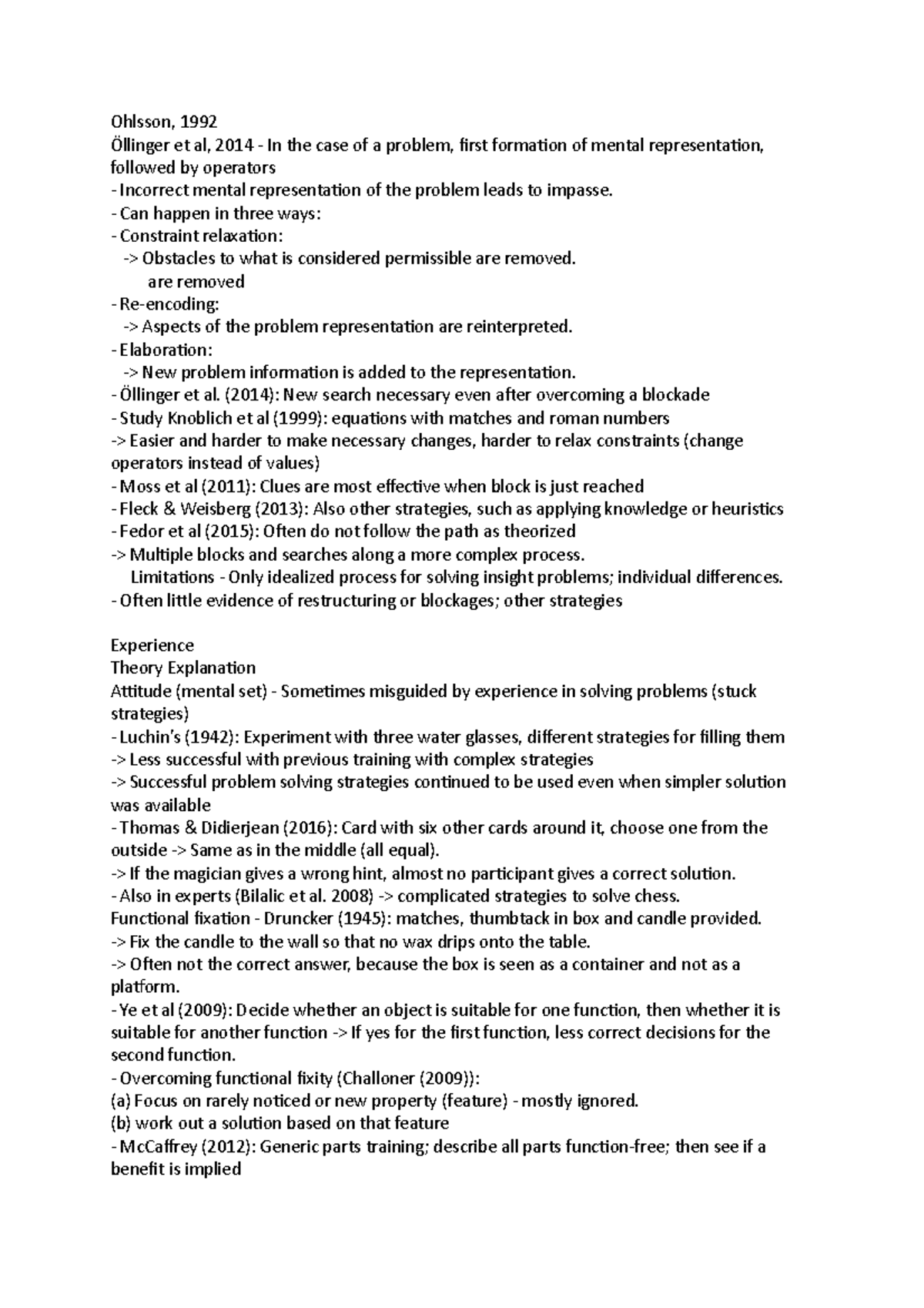 Ohlsson - Abnormal Psychology - Ohlsson, 1992 Öllinger et al, 2014 - In ...