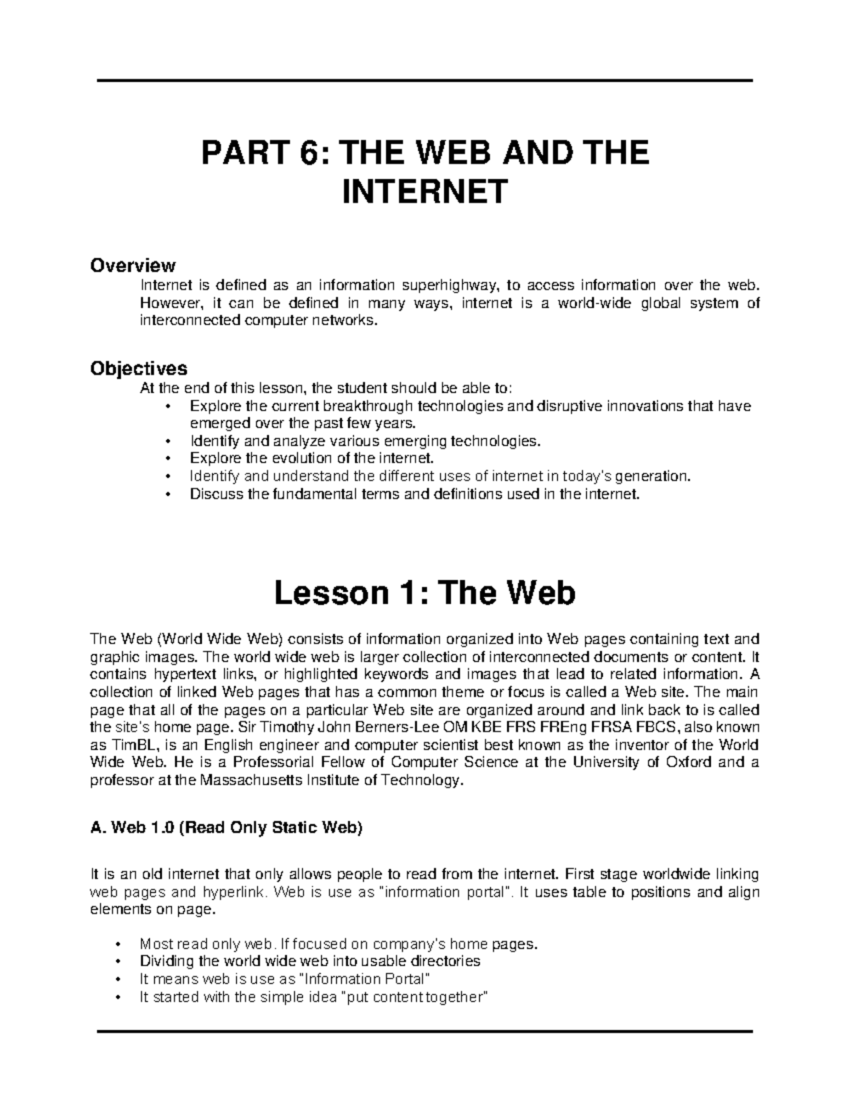 Part 6 - The Web and the Internet - PART 6: THE WEB AND THE INTERNET ...