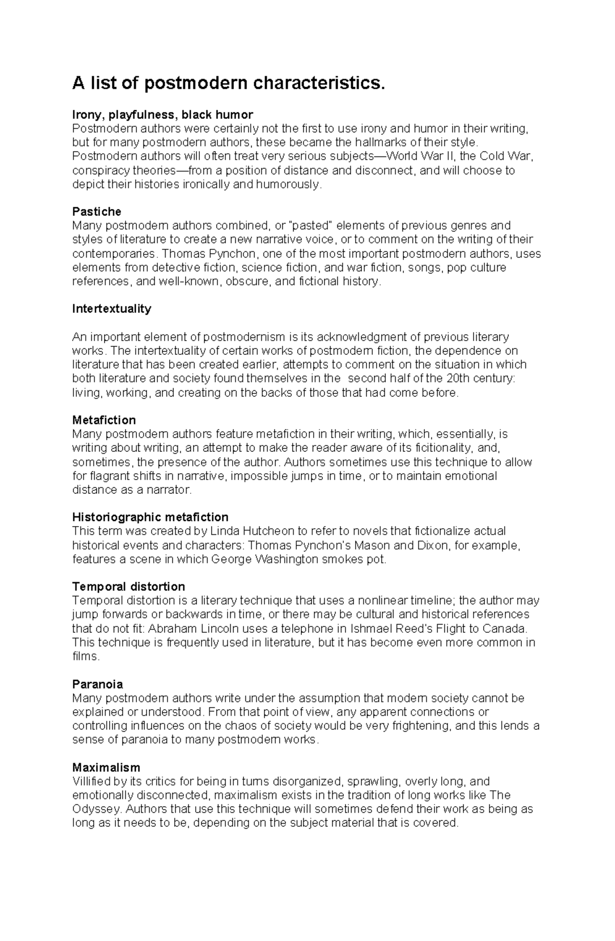 A List of Postmodern Characteristics - Irony, playfulness, black humor ...