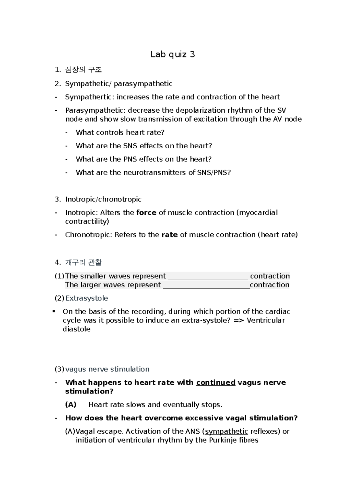 Lab quiz 3 - it is quiz and question for prac1 - Lab quiz 3 1. 심장의 구조 2. Sympathetic/ - Studocu