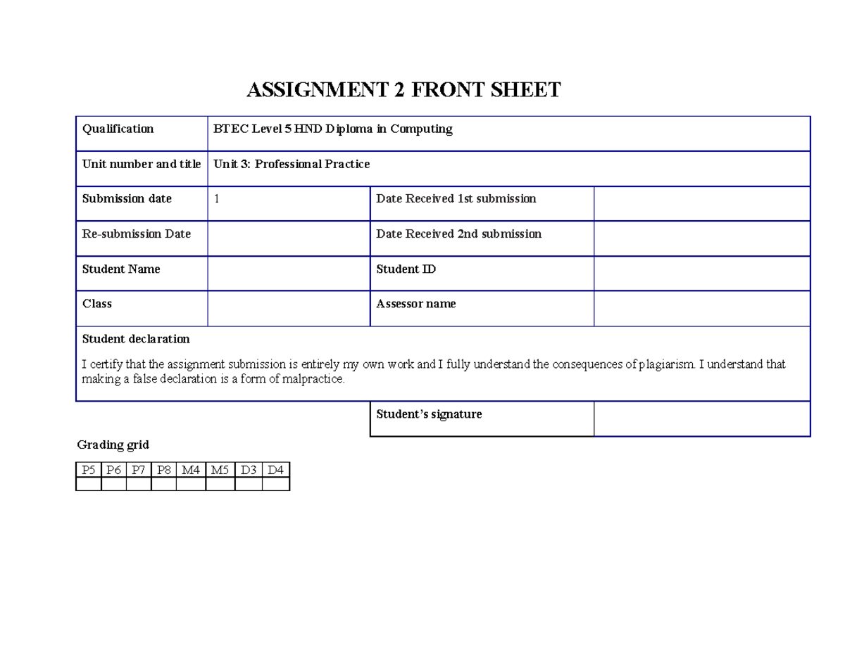 Assignment 2 1620 - 11111 - ASSIGNMENT 2 FRONT SHEET Qualification BTEC ...