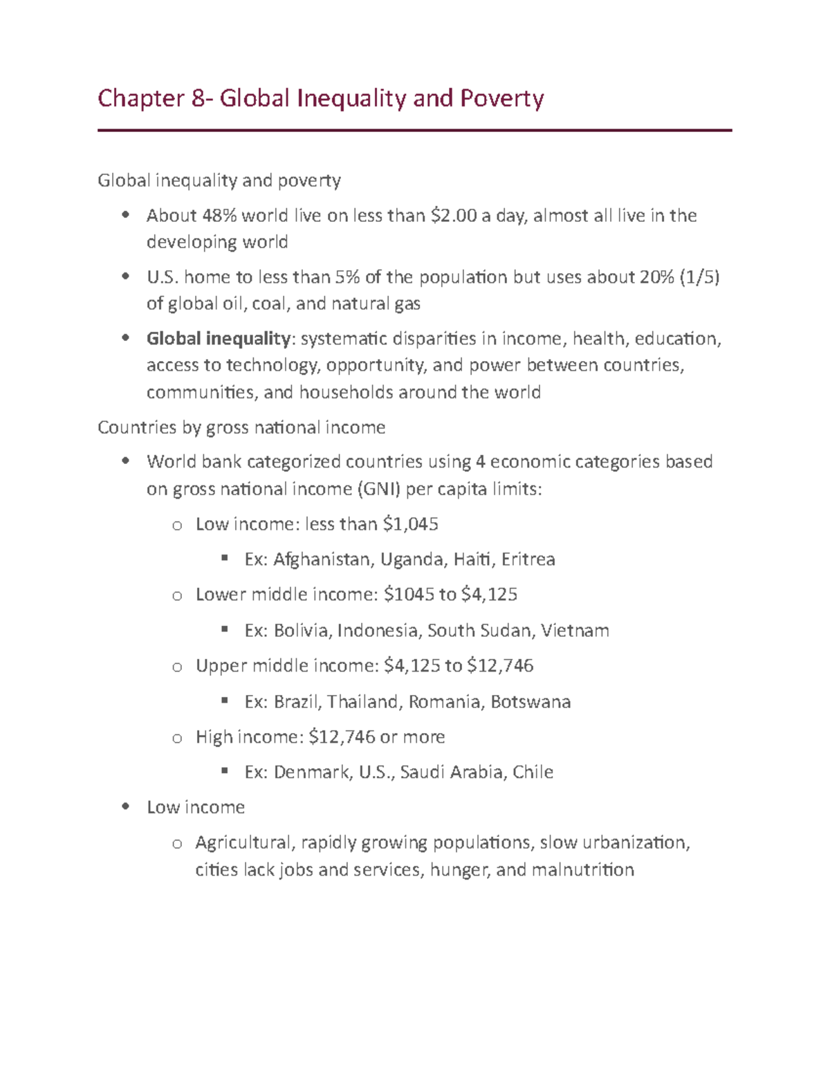 Chapter 8 - Global inequality and Poverty - Chapter 8- Global ...