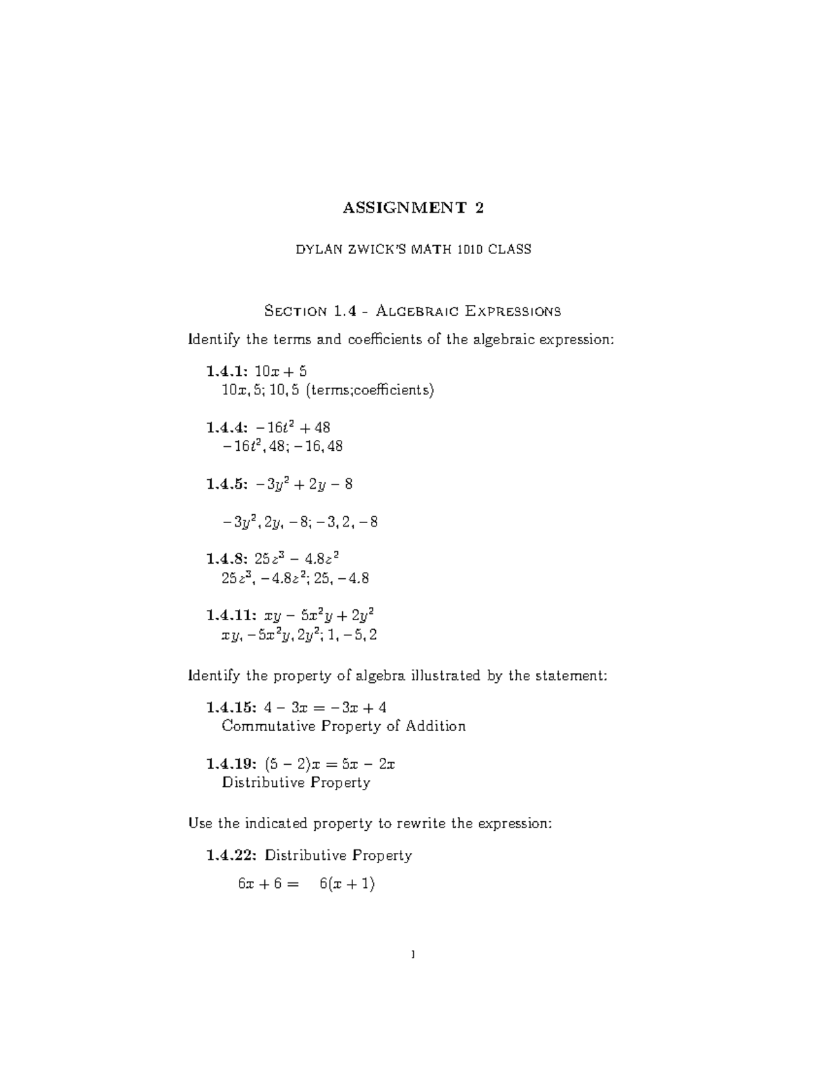 Seminar assignments - Assignment 2 solutions - ASSIGNMENT 2 DYLAN MATH ...