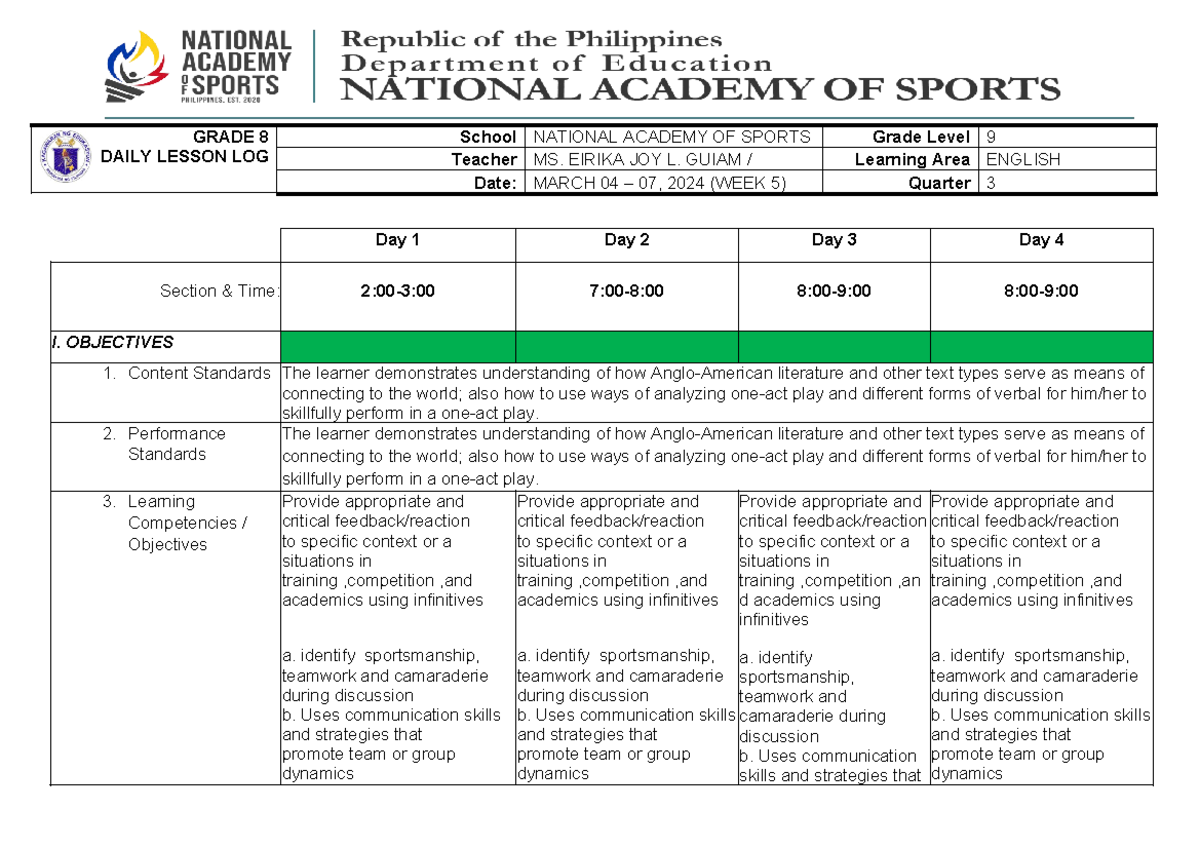 DLL ENG9 3RD QRT 5WK - Education - GRADE 8 DAILY LESSON LOG School ...