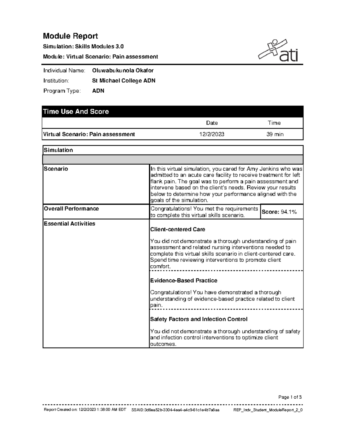 Virtual Scenario Pain Management - Module Report Simulation: Skills Modules 3. Module: Virtual ...