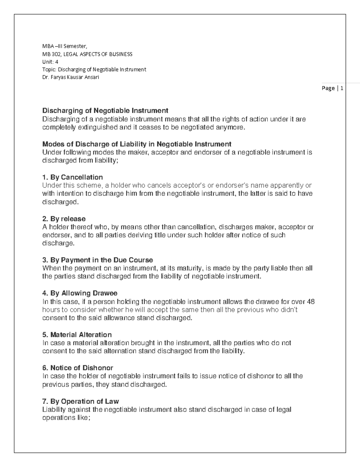 Discharging of Negotiable Instruments - Faryas Kausar Ansari ...