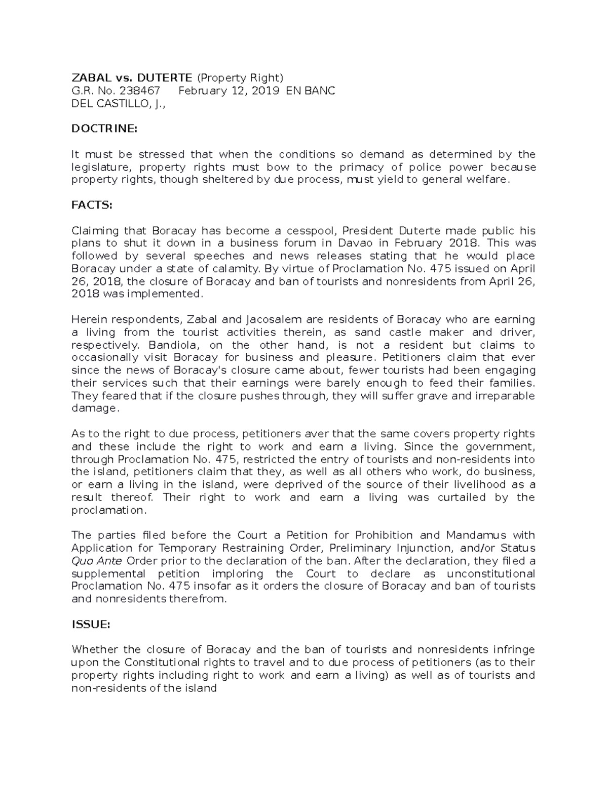 Zabal vs Duterte (Property Rights as covered by Due Processa Clause ...