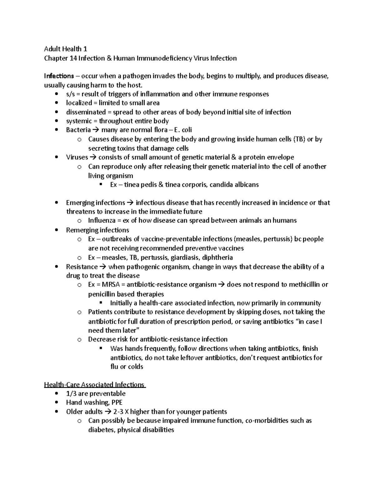 AH1 Ch 14 notes - Adult Health 1 Chapter 14 Infection & Human ...