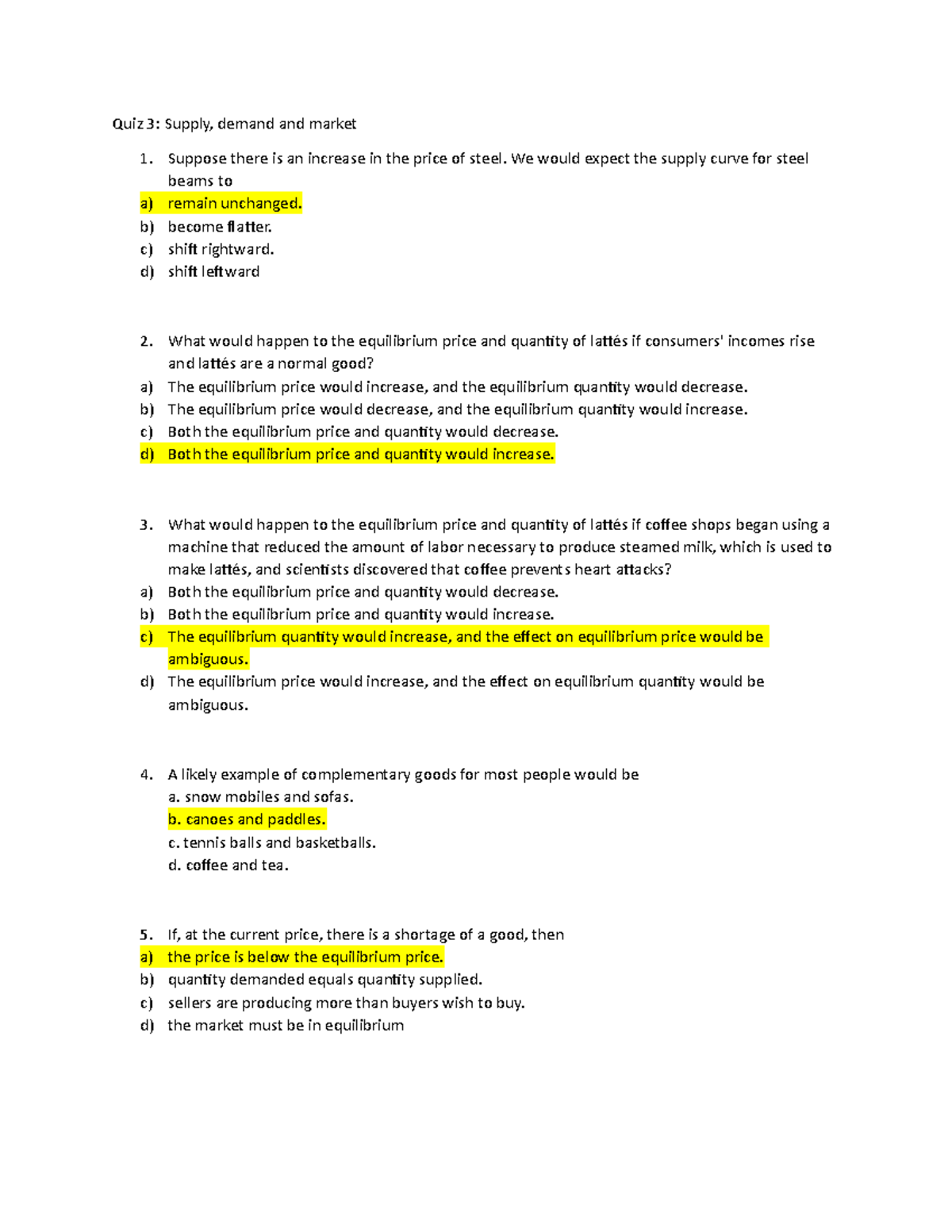 Quiz 3 Supply, demand and market - Quiz 3: Supply, demand and market 1 ...