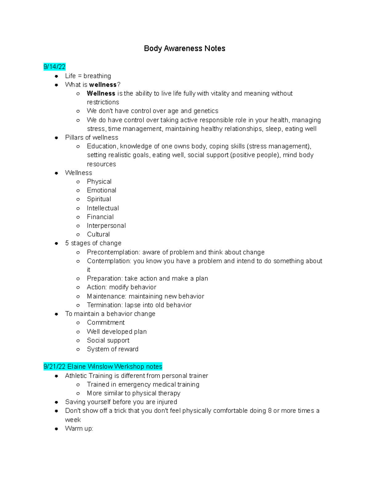 Body Awareness Notes - Body Awareness Notes 9/14/ Life = breathing What ...