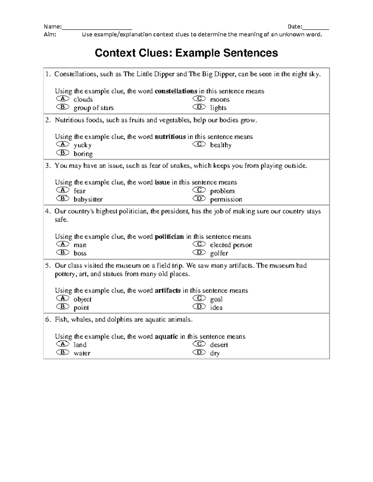 Context clues unit-example - Aim: Use example/explanation context clues ...
