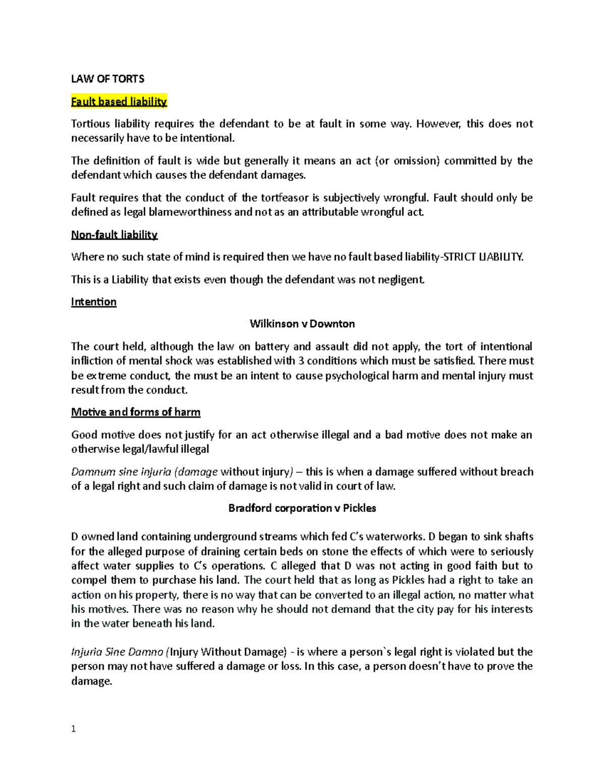 Law of Torts Case Summaries - LAW OF TORTS Fault based liability ...