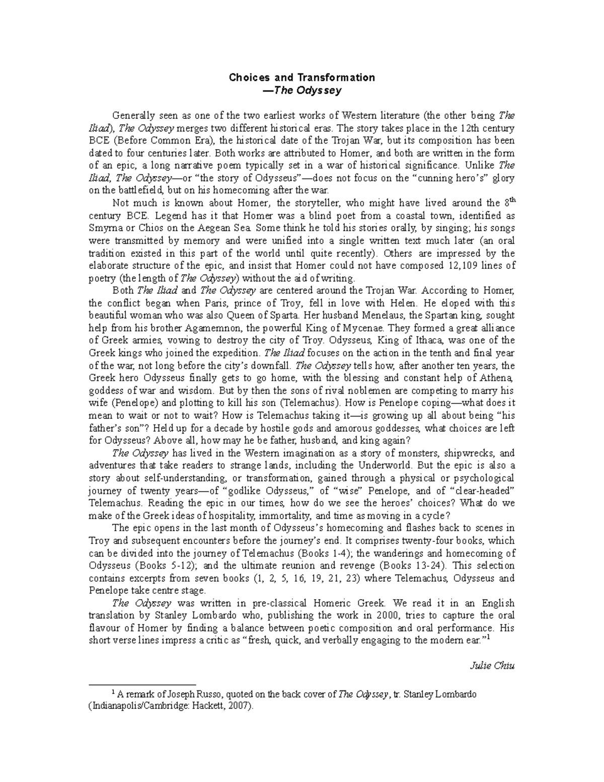 1 Odyssey Intro 2012 9 Final - Choices and Transformation —The Odyssey ...